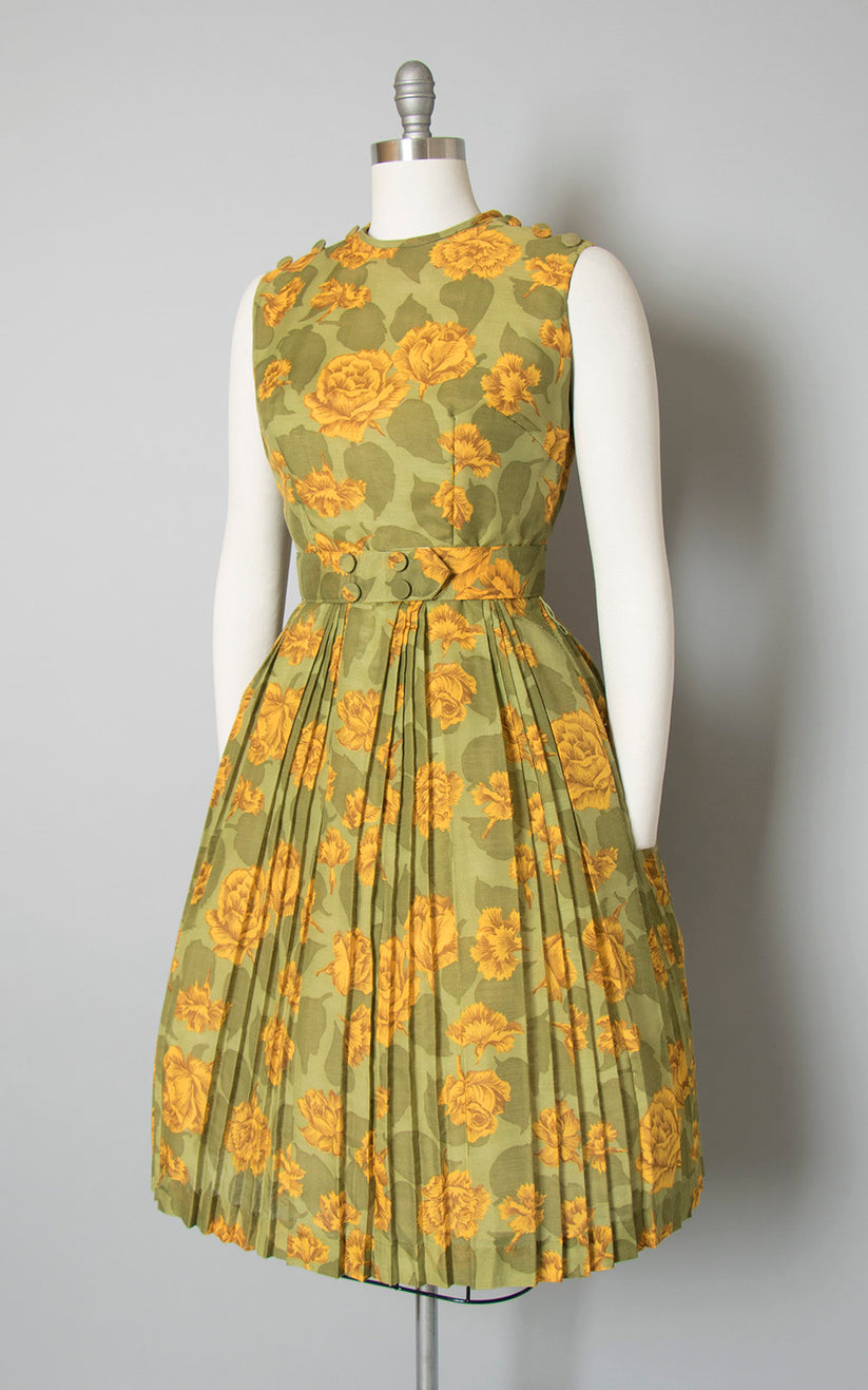 1960s Floral Leaf Print Pleated Sundress | small – Birthday Life Vintage